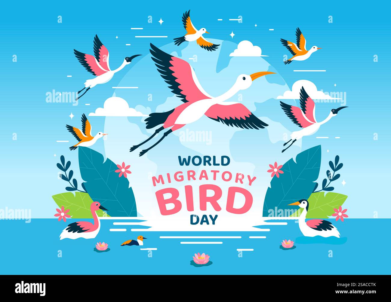 World Migratory Bird Day Vector Illustration with Birds Migrations ...