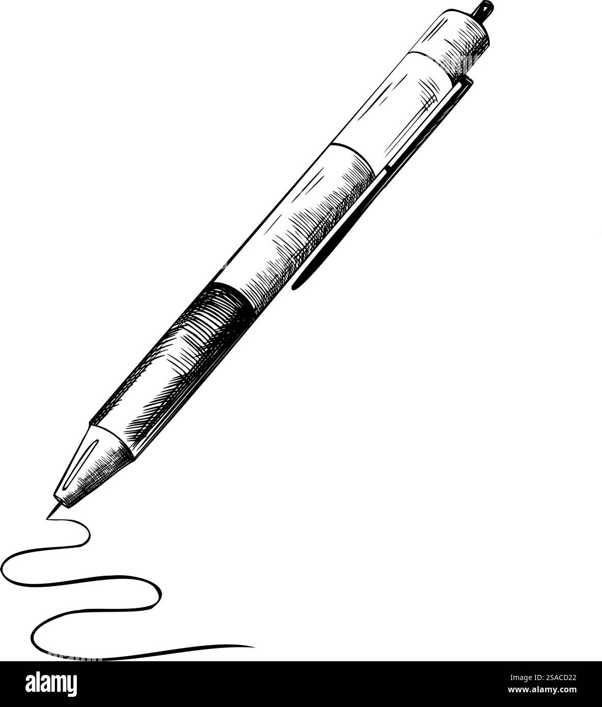 A pen draws a line. Hand drawn vector illustration in engraving style ...