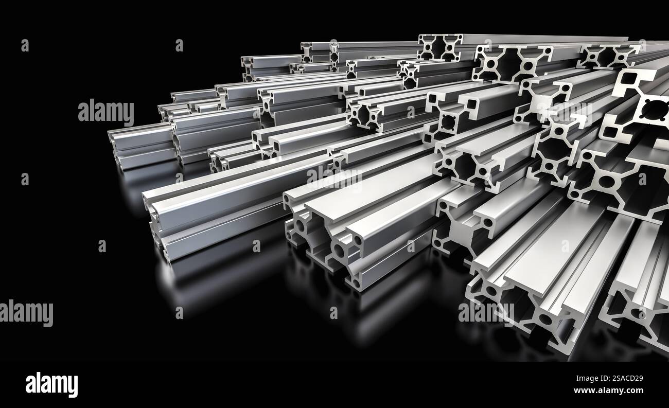 Stacked aluminum extrusions forming an industrial metallic background ...