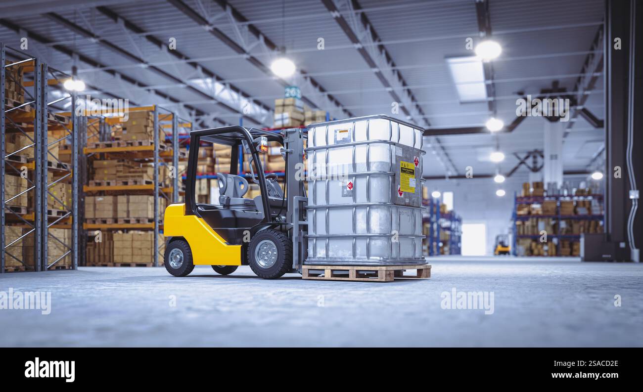 Forklift carrying intermediate bulk container in warehouse 3d Stock Photo - Alamy
