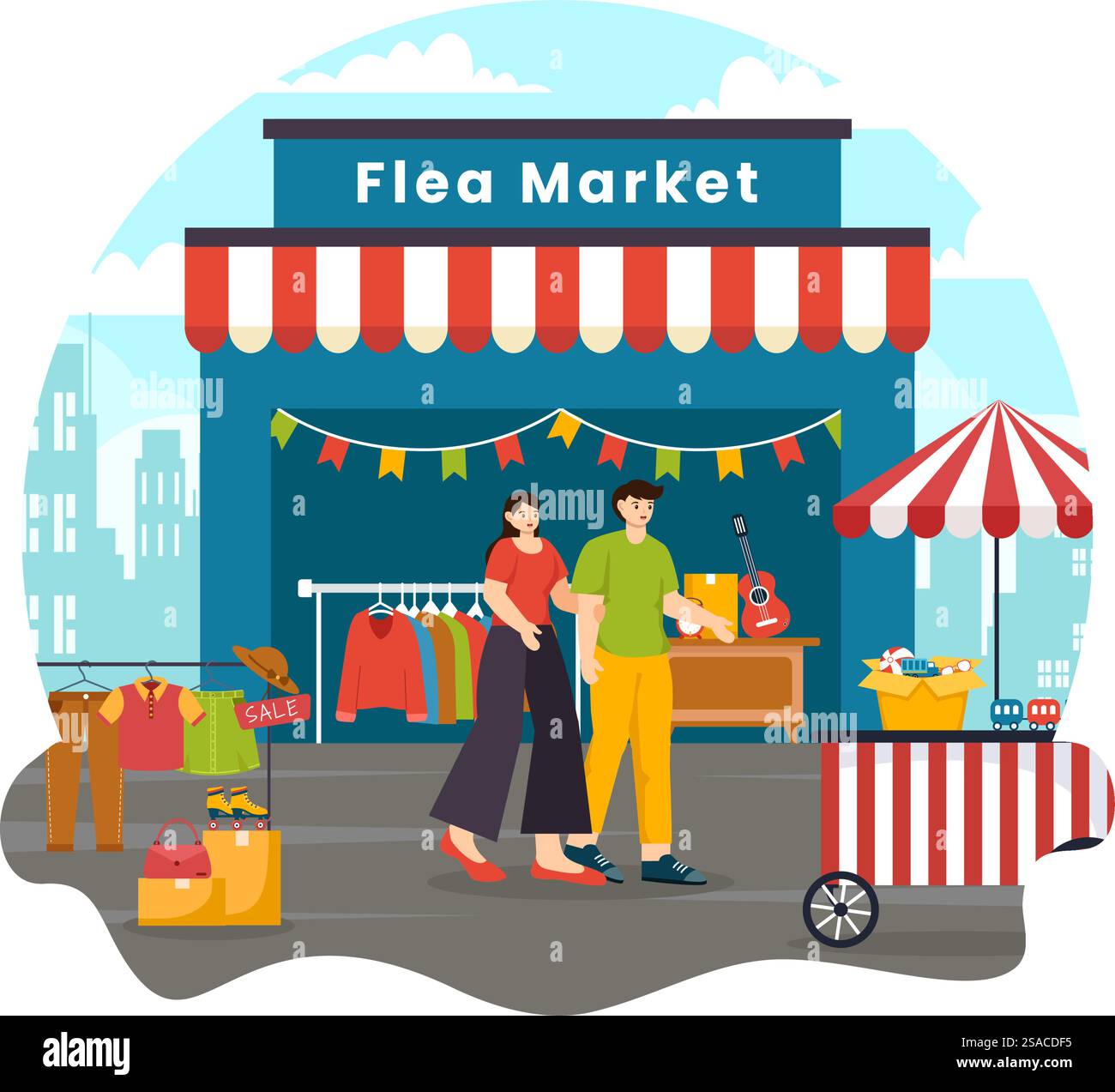 Flea Market Vector Illustration with Second Hand Shop with Shoppers ...