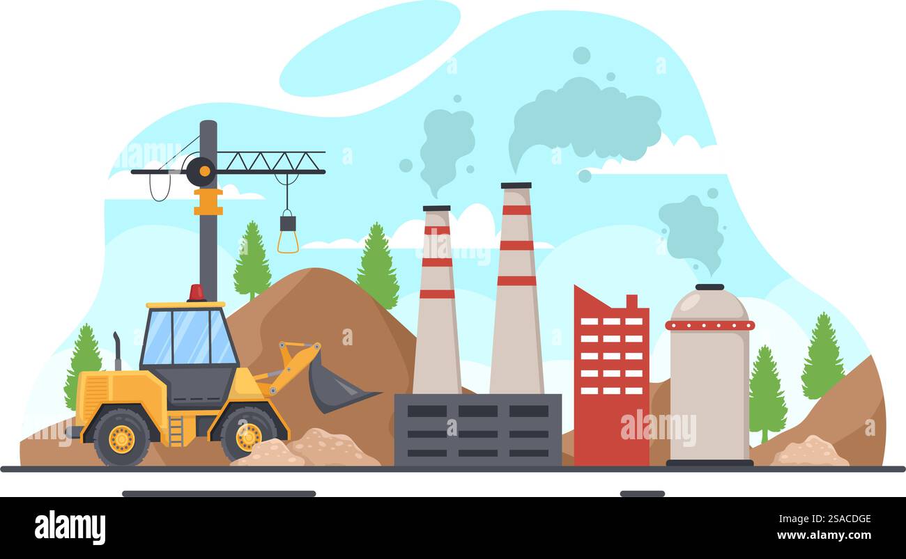 Mining Company Vector Illustration with Heavy Yellow Dumper Trucks for ...