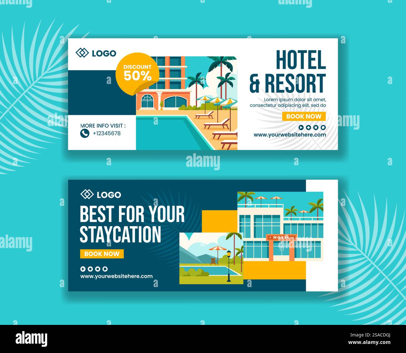 Hotel Horizontal Banner Flat Cartoon Hand Drawn Templates Background ...