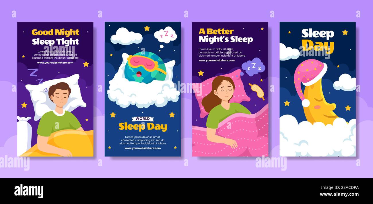 Sleep Day Social Media Stories Flat Cartoon Hand Drawn Templates ...