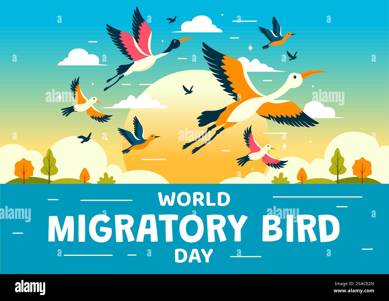World Migratory Bird Day Vector Illustration with Birds Migrations ...