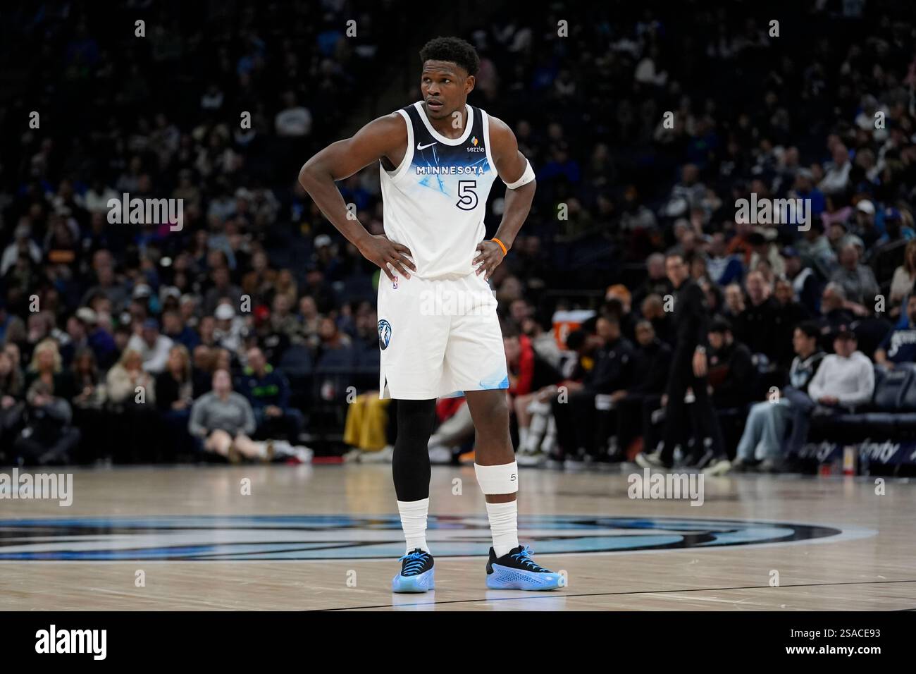 Minnesota Timberwolves guard Anthony Edwards (5) stands on the court ...
