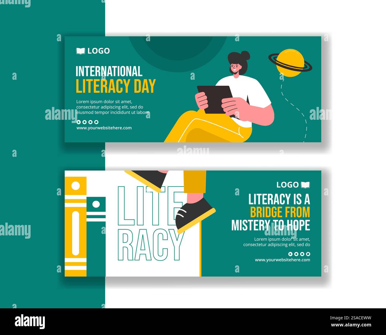 Literacy Day Horizontal Banner Flat Cartoon Hand Drawn Templates ...