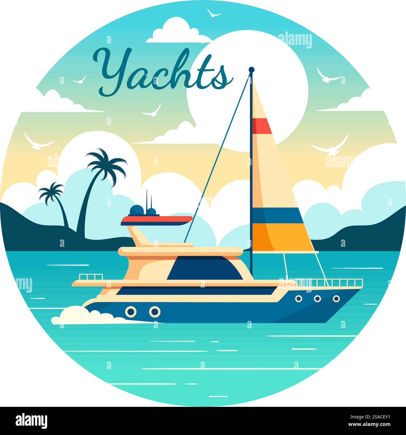 Yachts Vector Illustration with Ferries Cargo Boats and Ship Sailboat ...
