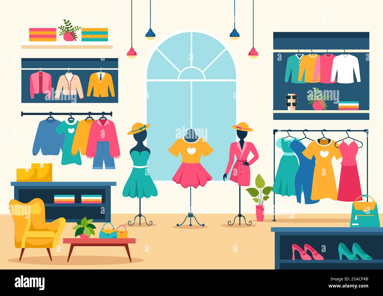Clothing Store Vector Illustration by Shopping for Clothes or Dresses ...