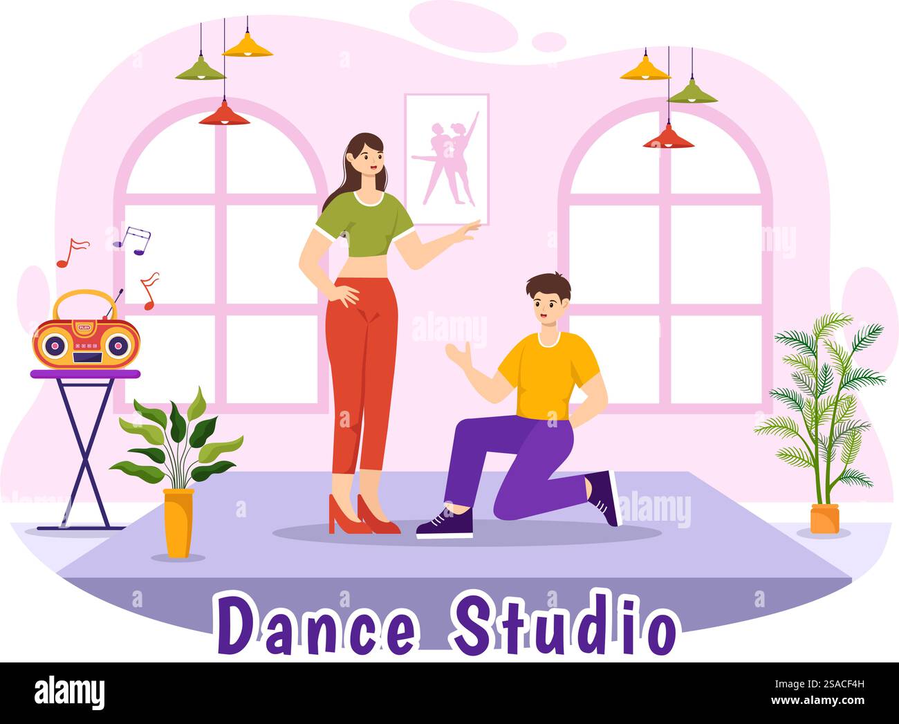 Dance Studio Vector Illustration with Dancing Couples Performing ...