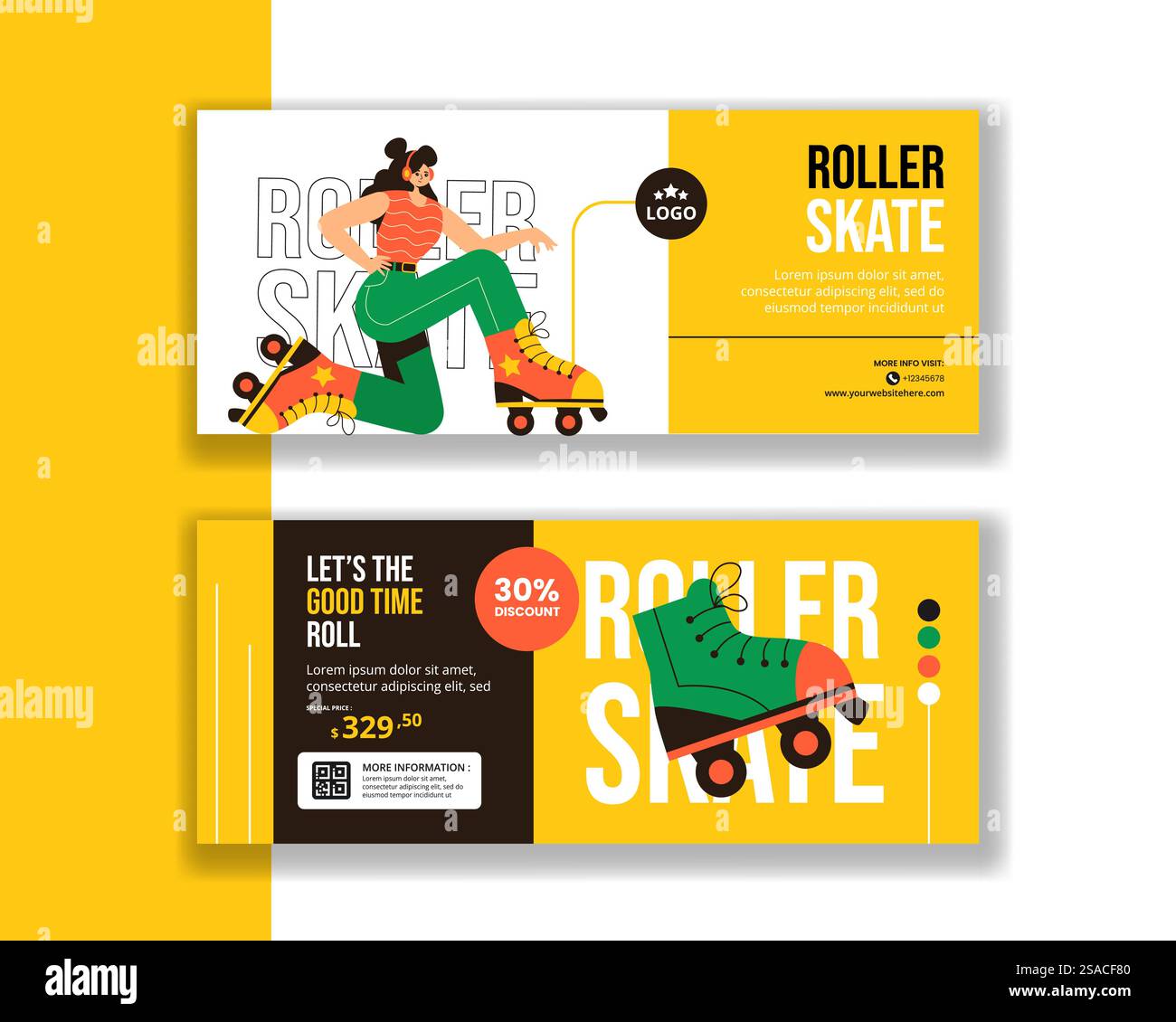 Roller Skates Horizontal Banner Flat Cartoon Hand Drawn Templates ...