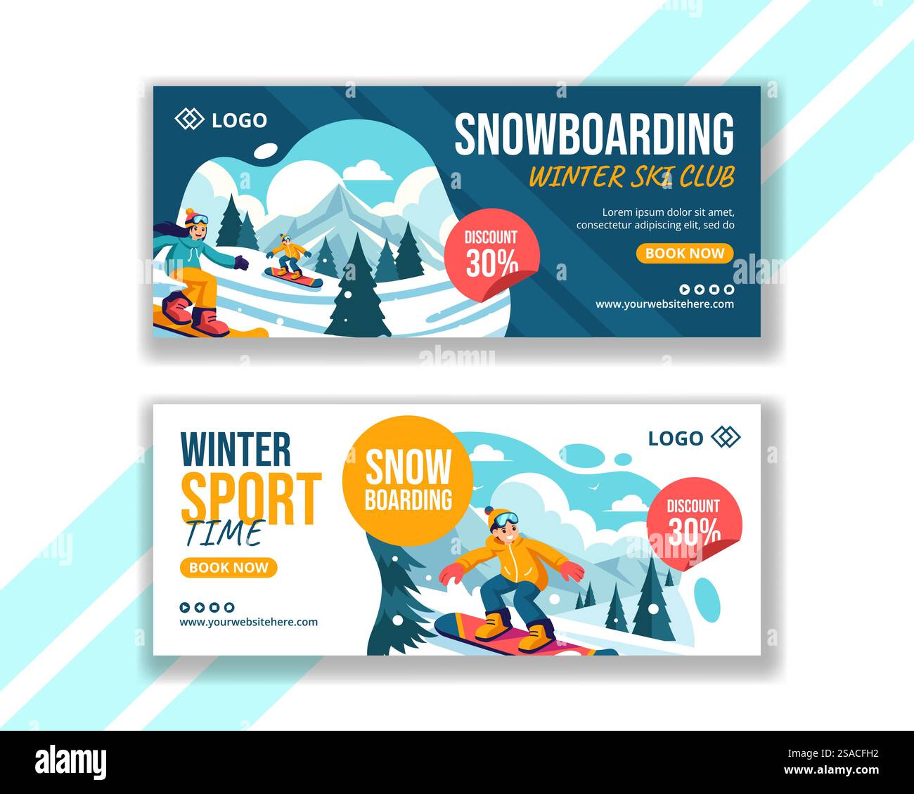 Snowboarding Horizontal Banner Flat Cartoon Hand Drawn Templates ...