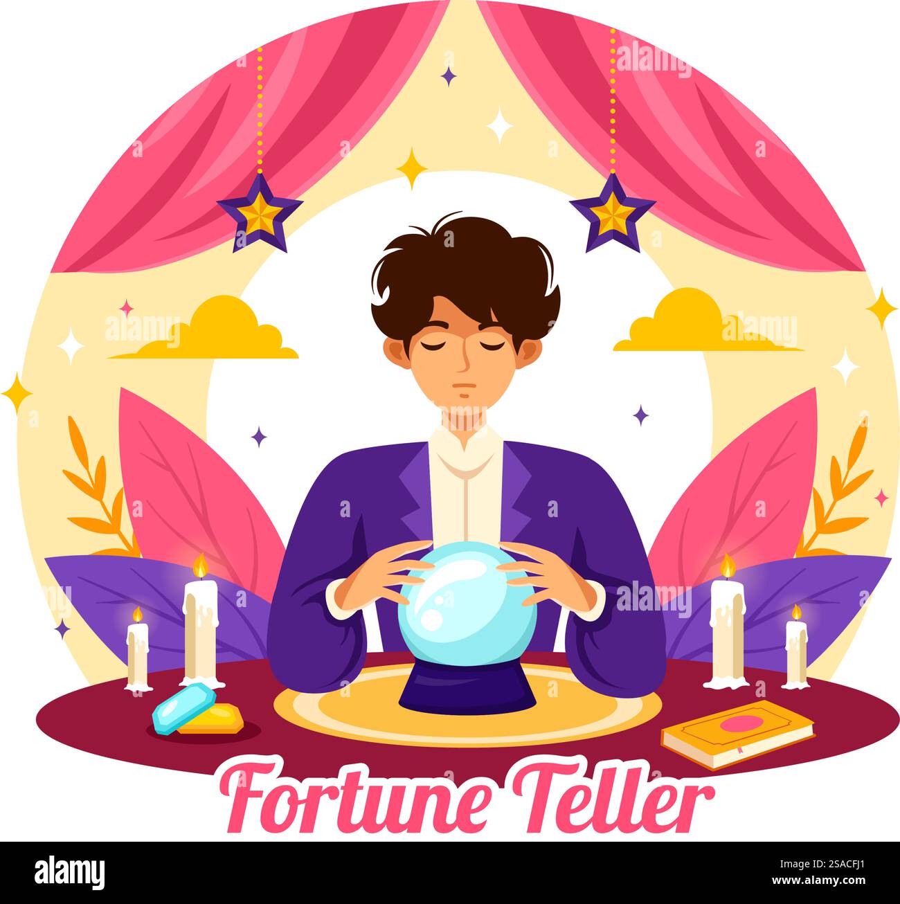 Fortune Teller Vector Illustration with Crystal Ball, Magic Book or ...