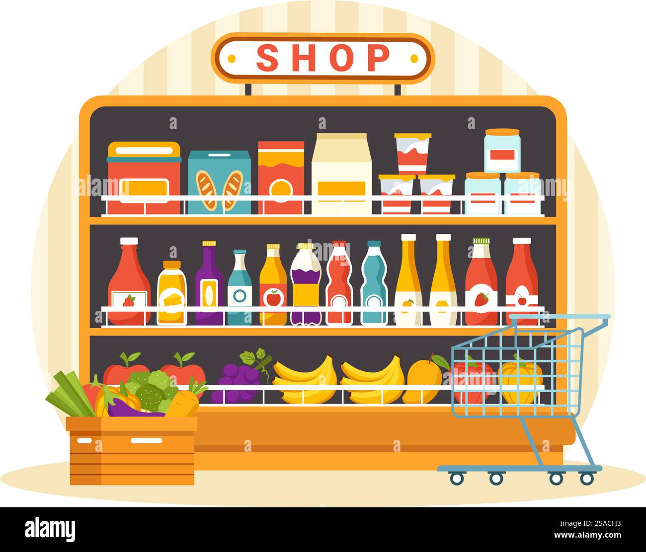 Grocery Store Shelf Vector Illustration with Foods Items and Products ...