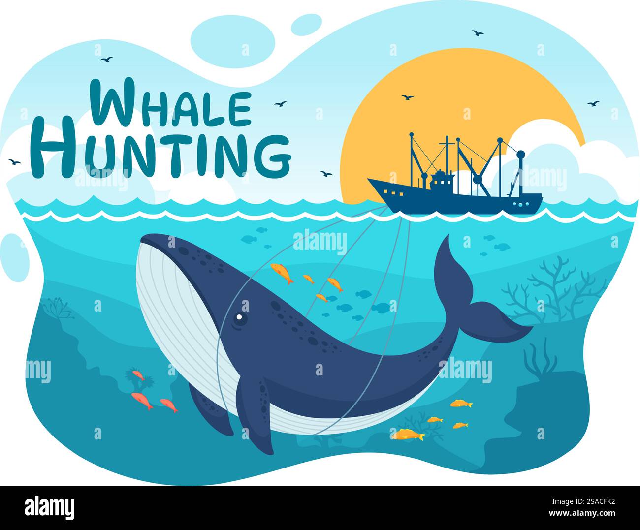 Whale Hunting Vector Illustration with the Activity of Catch Whales to Obtain Products that ...