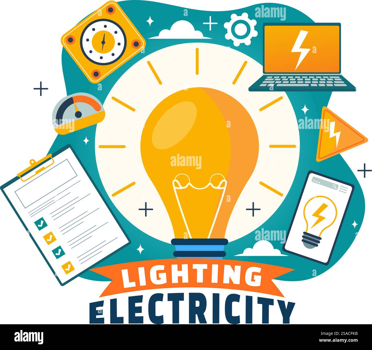 Lighting and Electricity Vector Illustration with Lamp and Energy ...