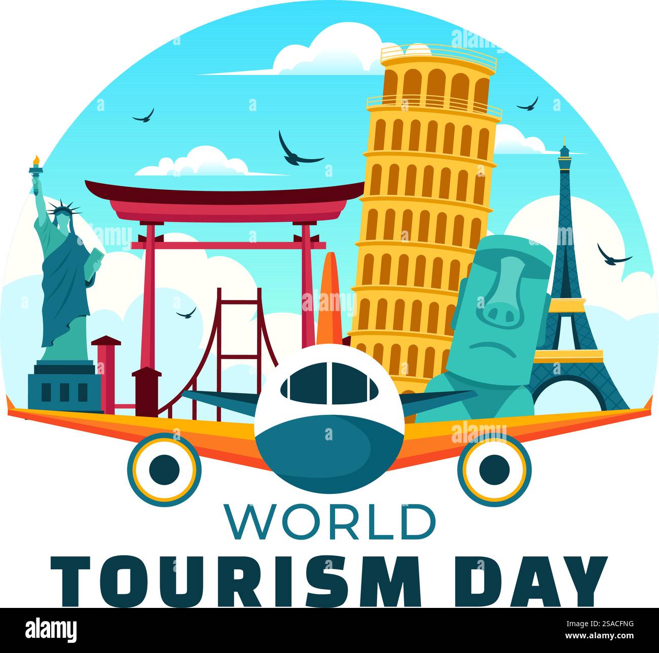 World Tourism Day Vector Illustration featuring a Globe and Famous ...