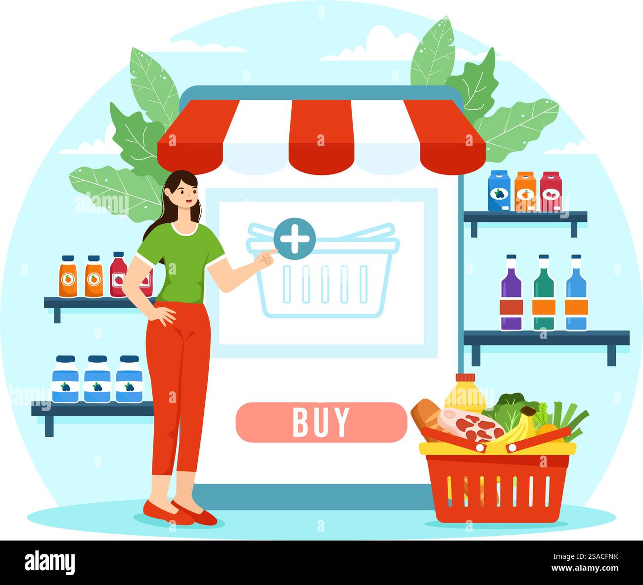 Online Grocery Store Vector Illustration with Food Product Shelves, Racks Dairy, Fruits and ...