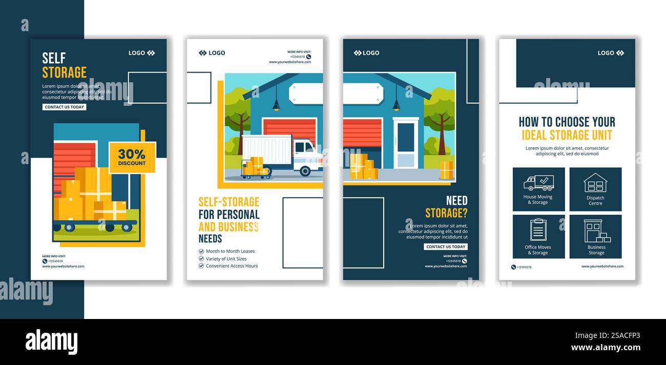 Self Storage Social Media Stories Flat Cartoon Hand Drawn Templates ...