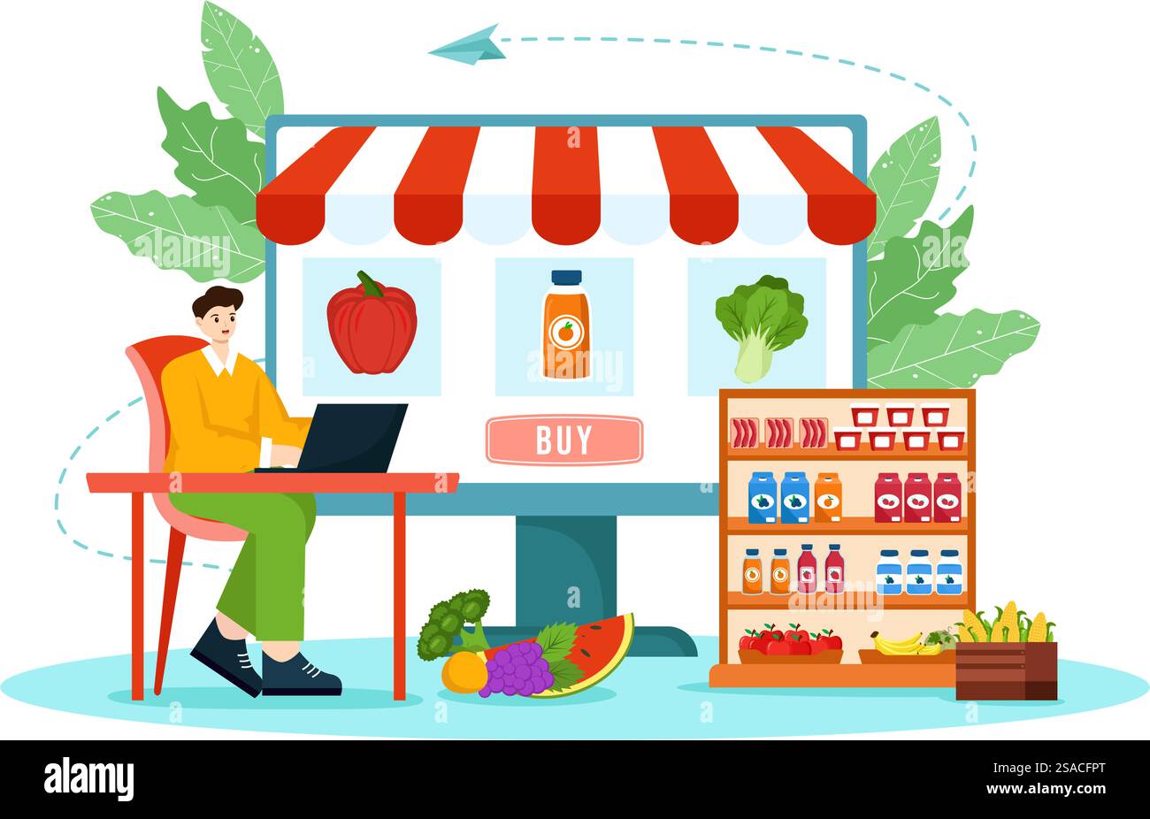 Online Grocery Store Vector Illustration with Food Product Shelves ...