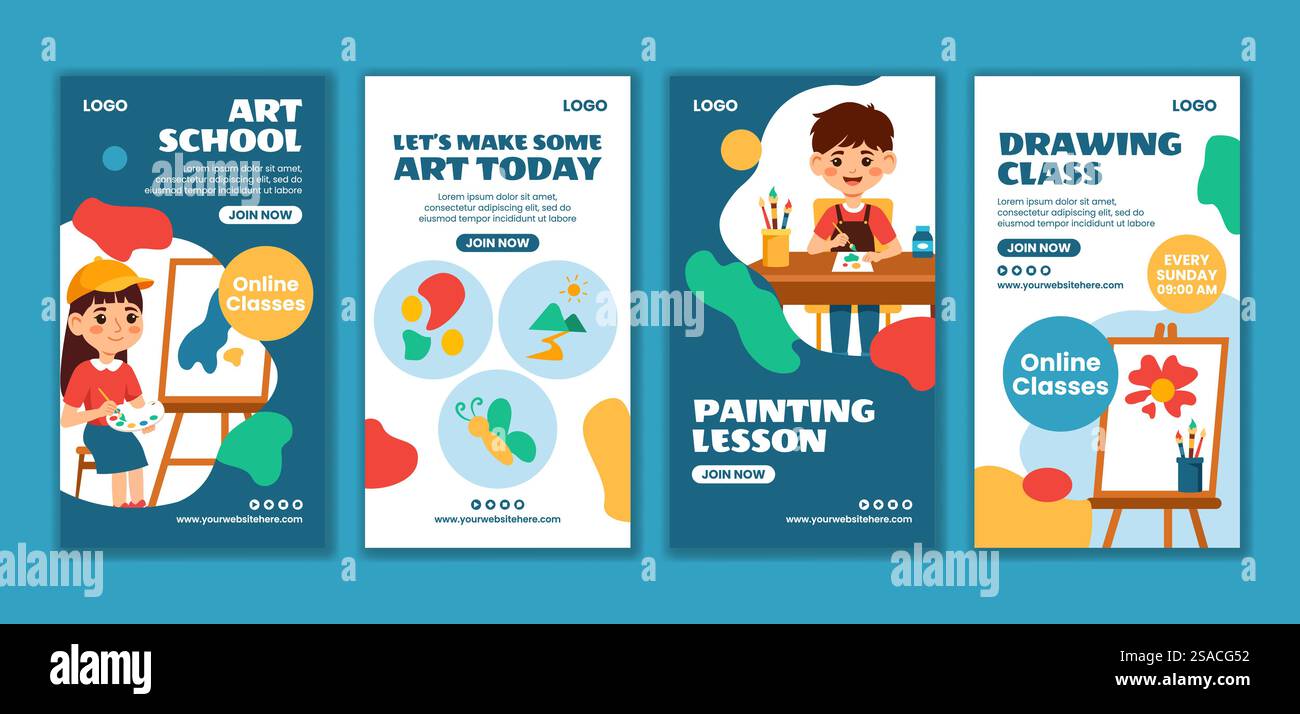 Art School Social Media Stories Flat Cartoon Hand Drawn Templates ...