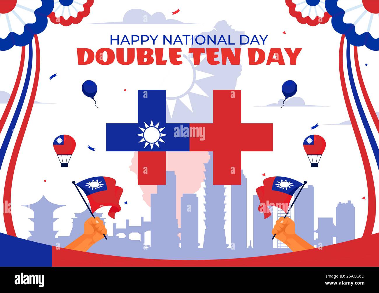 Happy Double Ten National Day Vector Illustration on October 10 with Taiwan Waving Flag and ...