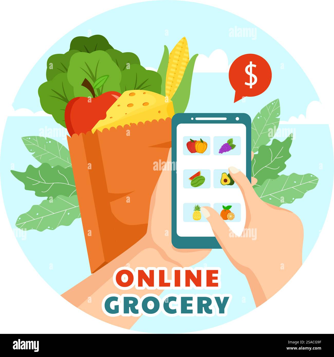Online Grocery Store Vector Illustration with Food Product Shelves ...