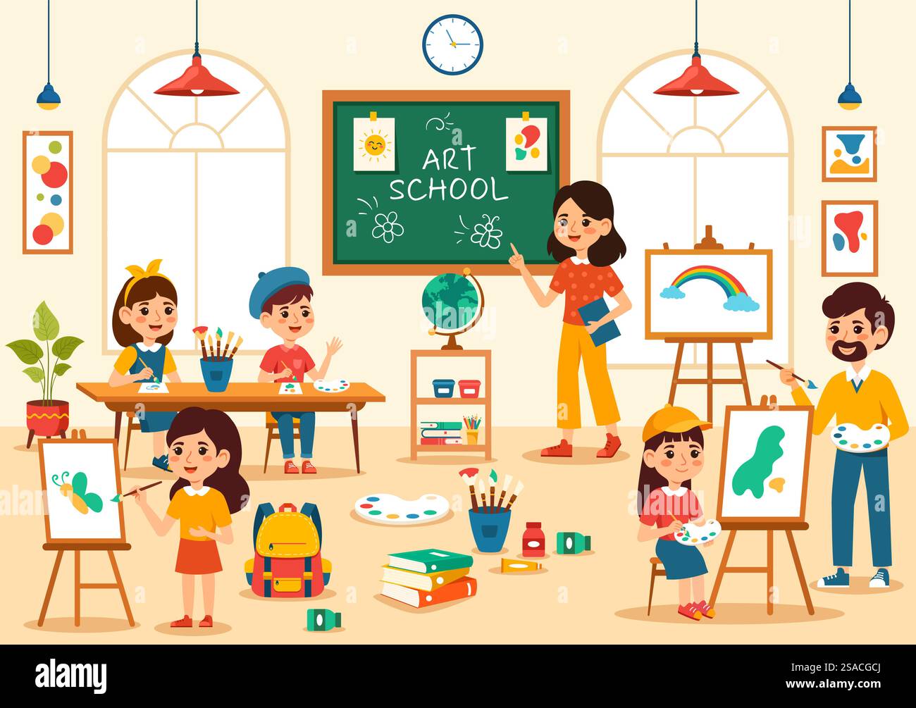 Art School Vector Illustration with Kids of Painting with Live Model or ...