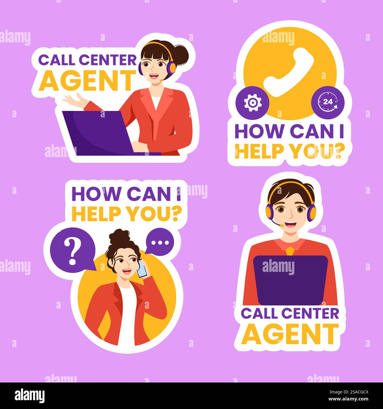 Call Center Agent Label Flat Cartoon Hand Drawn Templates Background ...