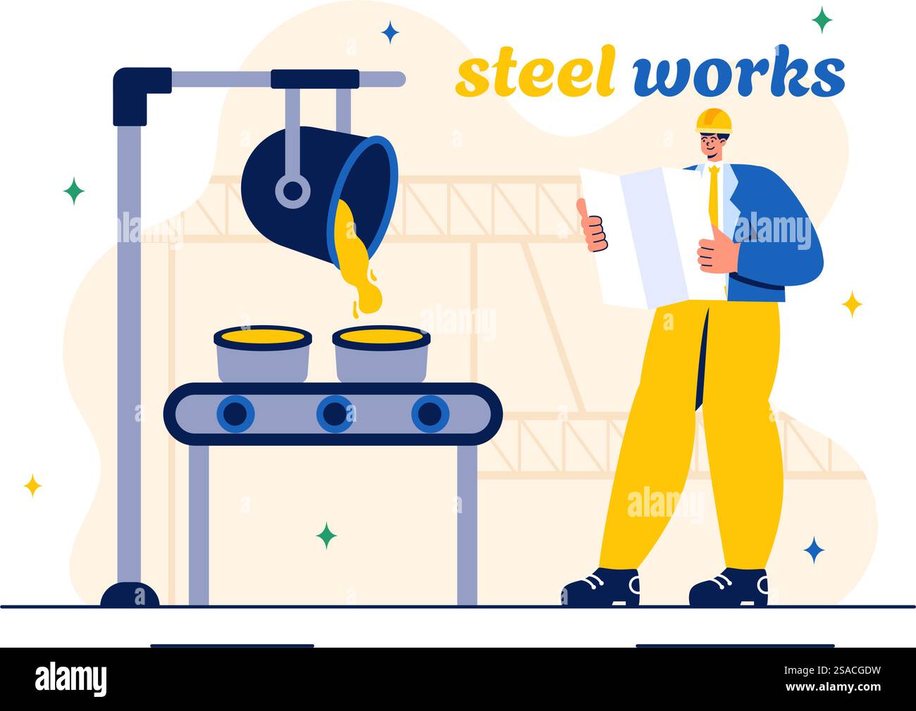 Steelworks Vector Illustration with Resource Mining, Smelting of Metal in Big Foundry and Hot ...