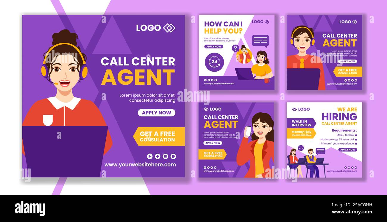 Call Center Agent Social Media Post Flat Cartoon Hand Drawn Templates ...