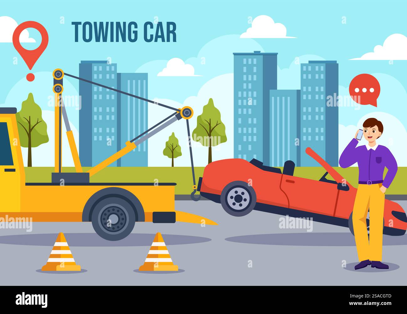 Auto Towing Car Vector Illustration Using a Truck with Roadside ...