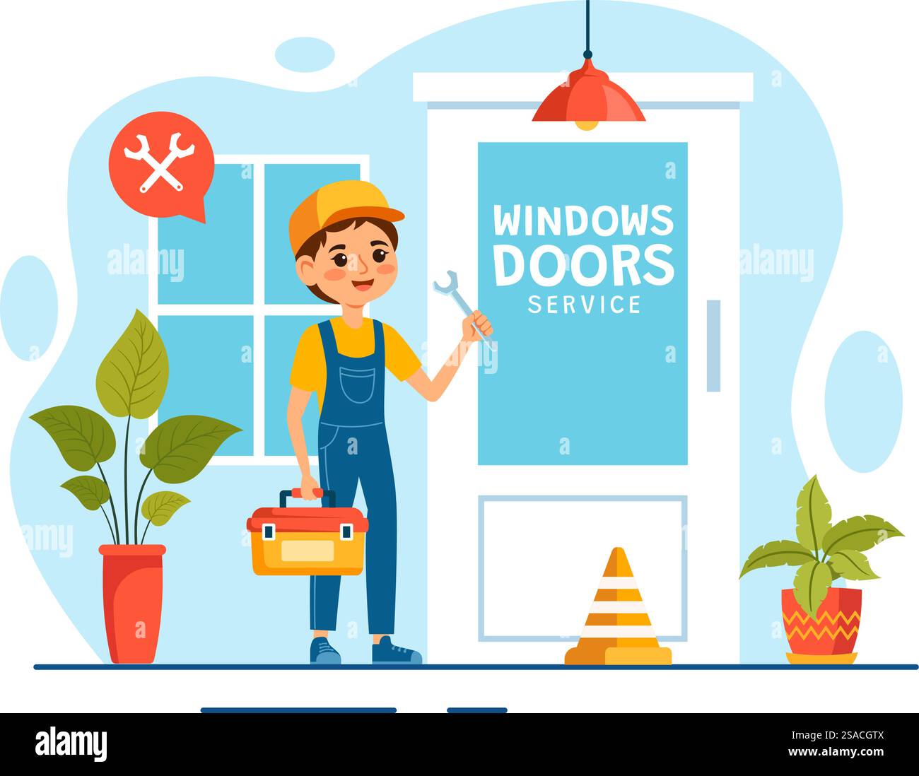 Windows and Doors Installation Service Vector Illustration with Worker ...