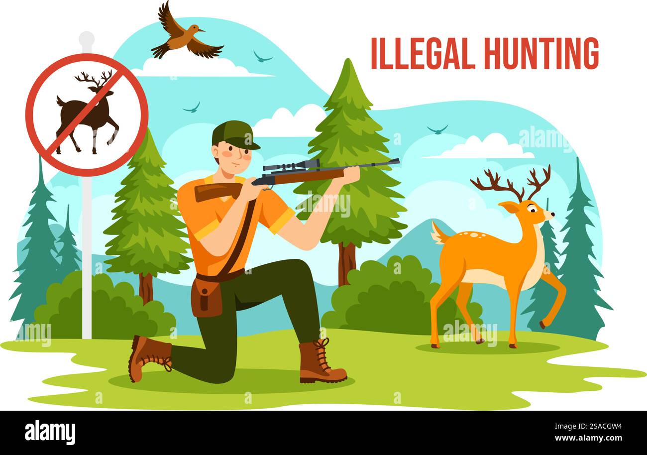 Illegal Hunting Vector Illustration by Shooting, Taking Wild Animals ...