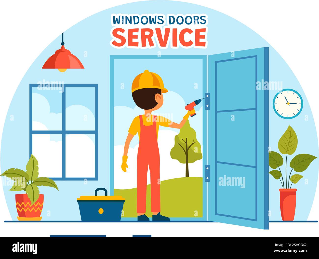 Windows and Doors Installation Service Vector Illustration with Worker ...