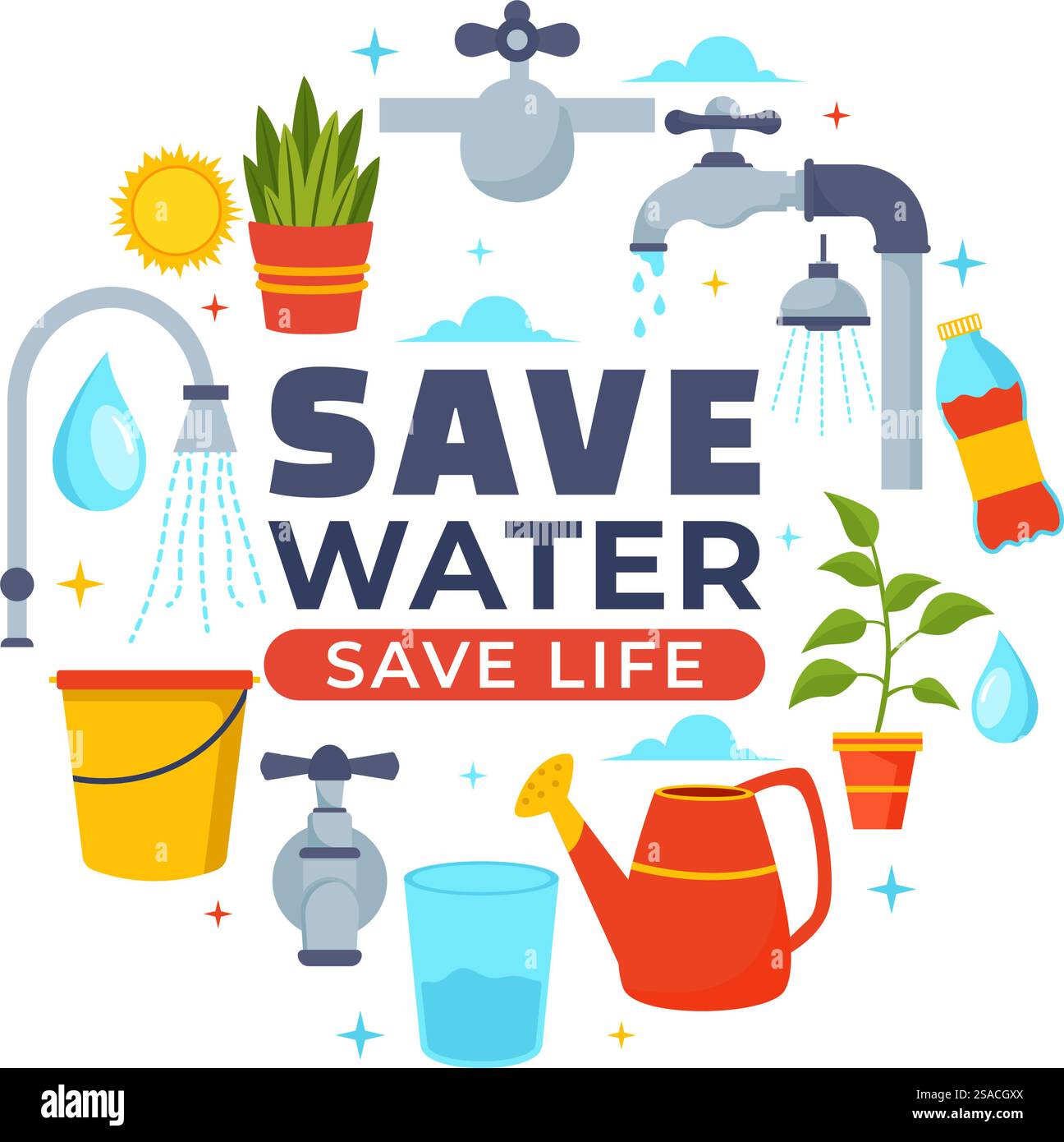Water Saving Vector Illustration for Mineral Savings Campaign and ...