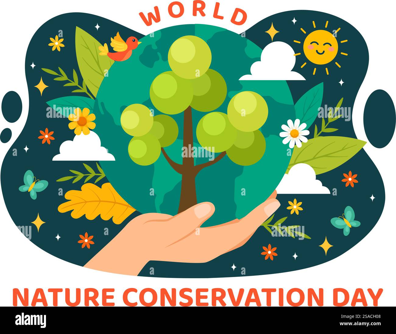 World Nature Conservation Day Vector Illustration with World Map, Tree ...