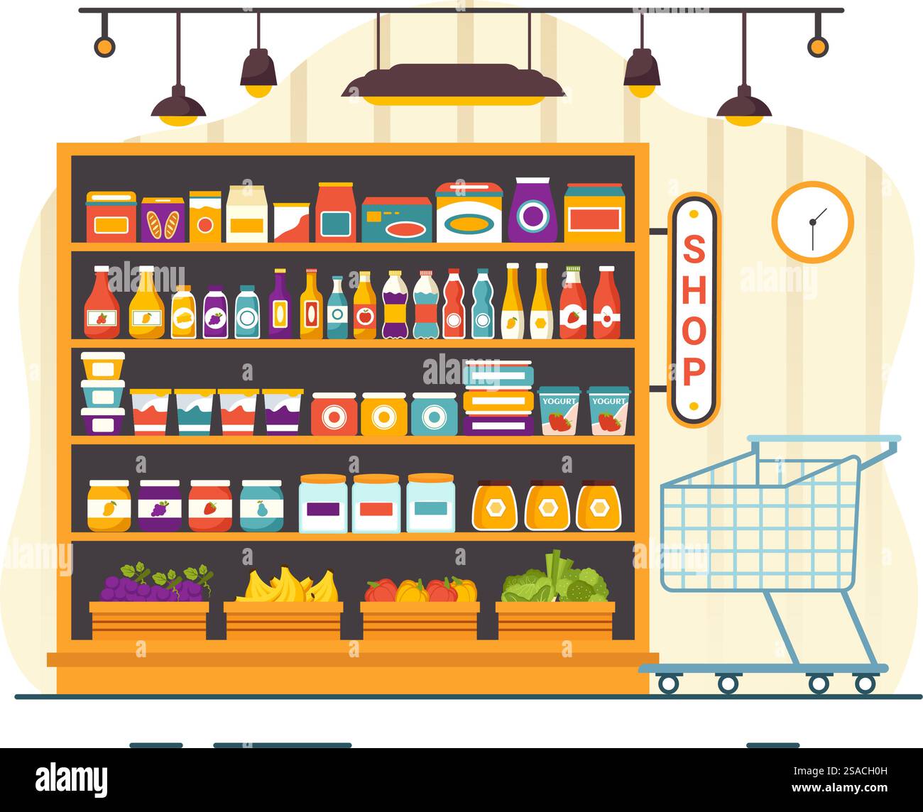 Grocery Store Shelf Vector Illustration with Foods Items and Products ...