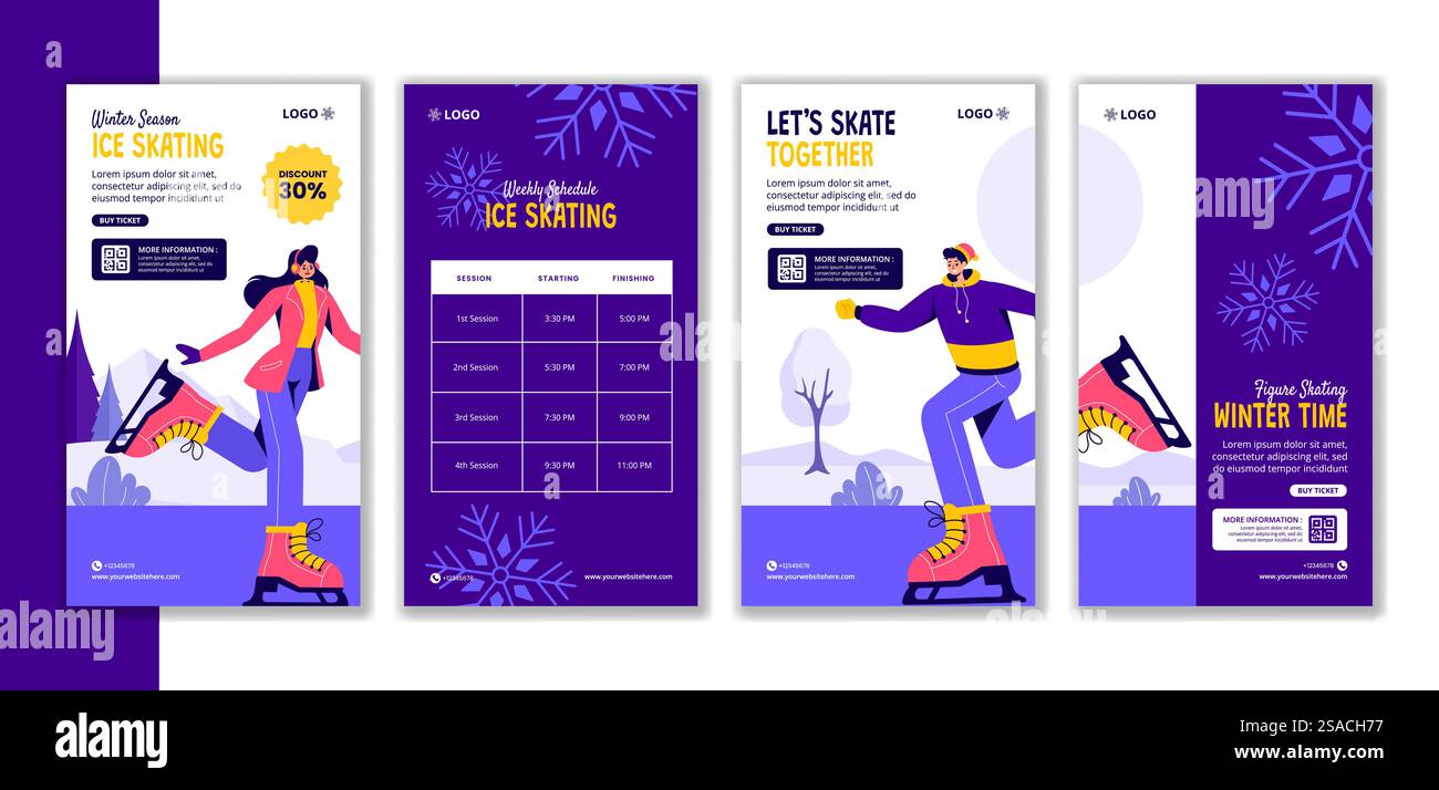 Ice Skating Social Media Stories Flat Cartoon Hand Drawn Templates ...
