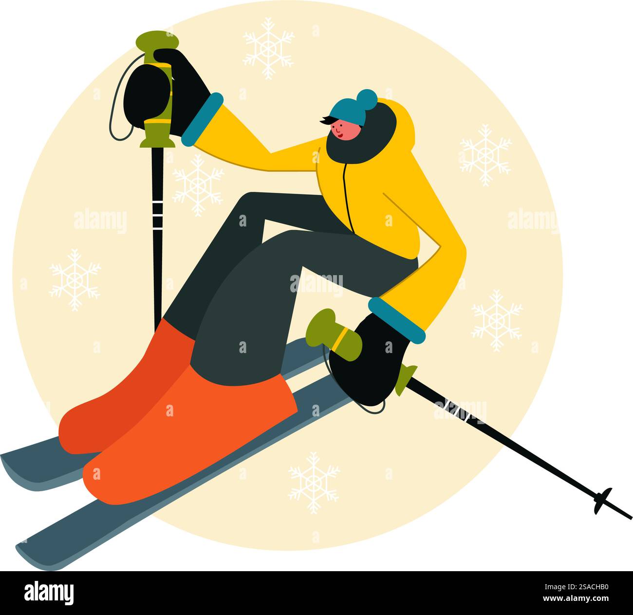 Skiing Vector Illustration featuring Skiers Sliding Down a Mountain at ...