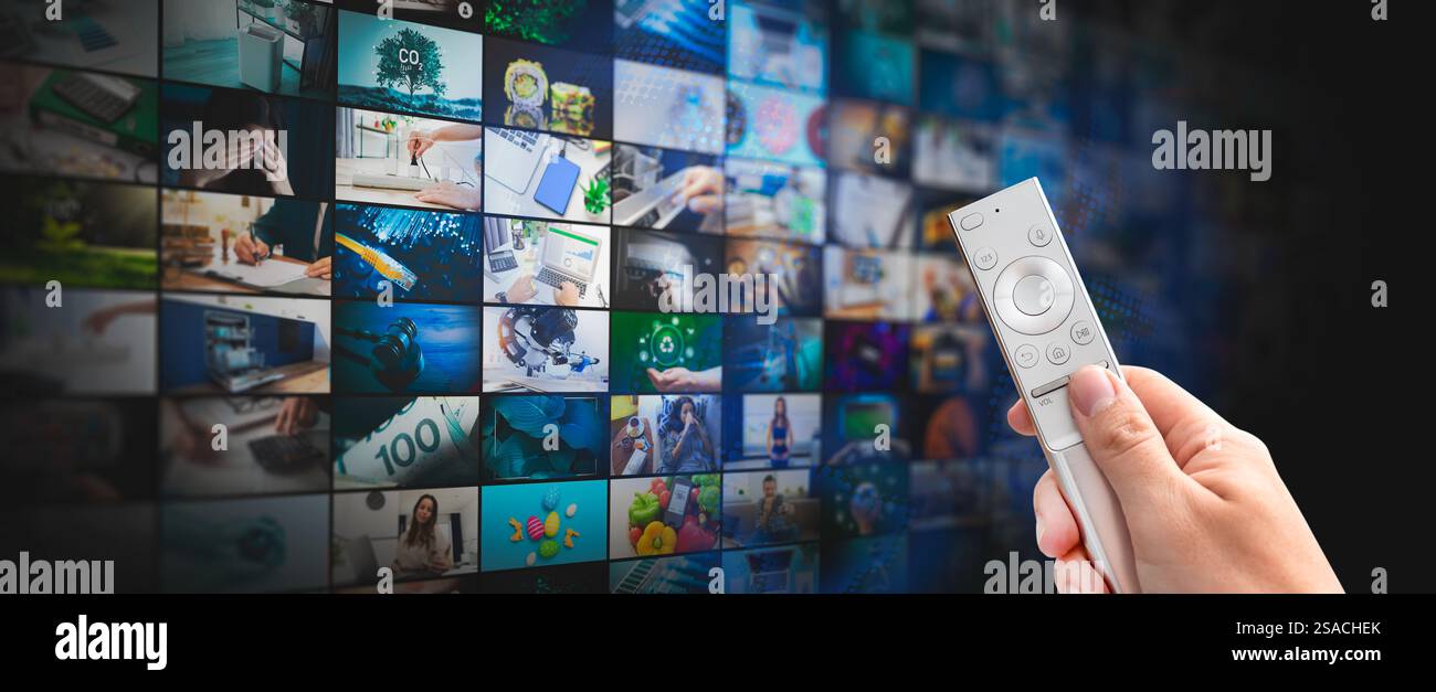 Media concept video wall with small screens, streaming service or VOD ...