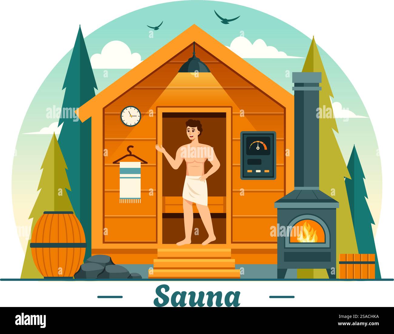 Sauna and Steam Room Vector Illustration with People Relax, Washing Their Bodies or Enjoying ...