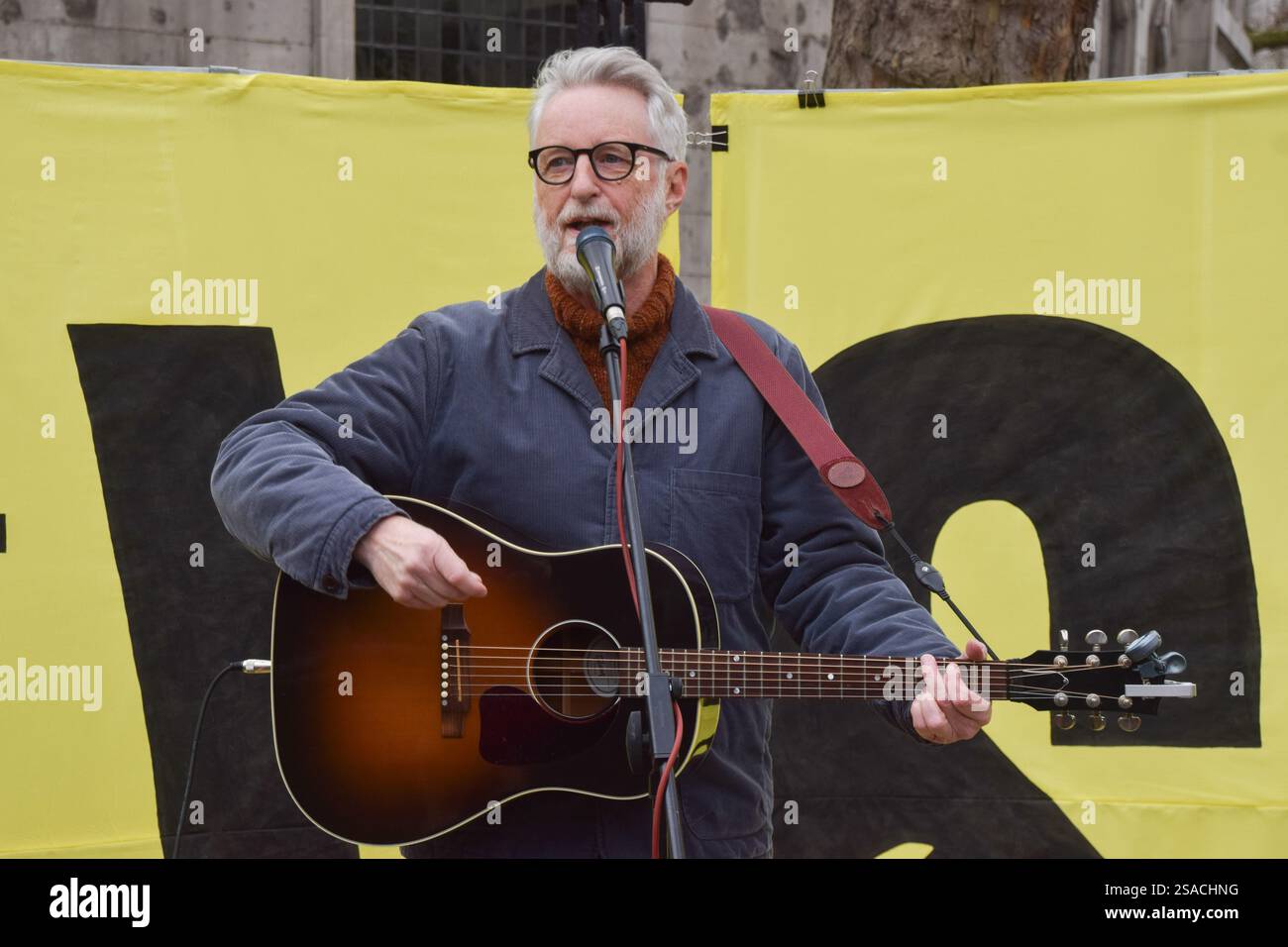 London, UK. 29th Jan, 2025. Singer-songwriter Billy Bragg performs ...