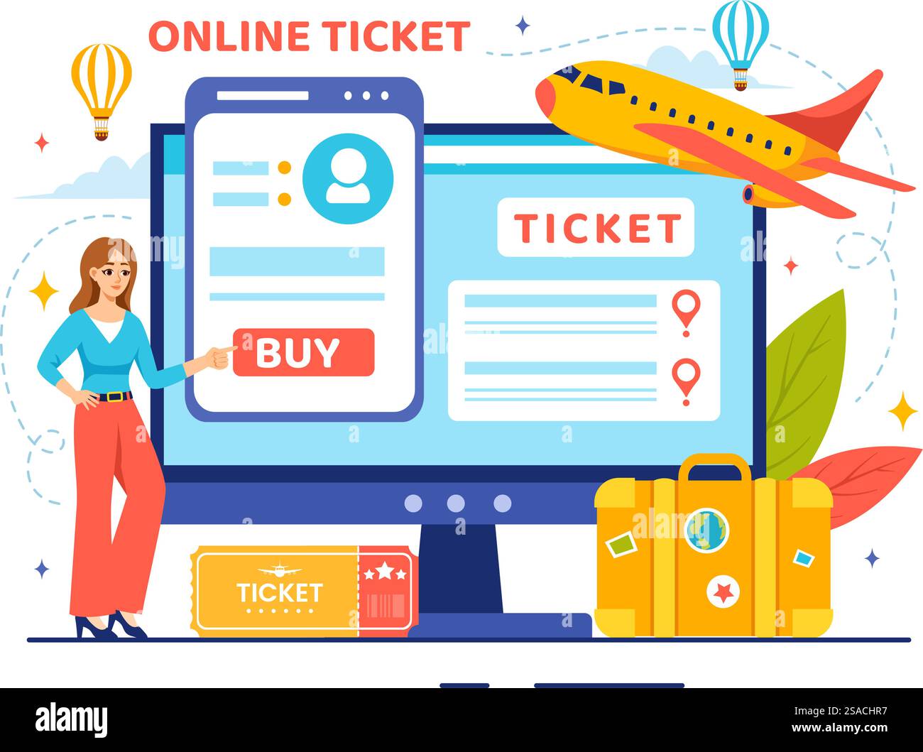 Online Travel Ticket Vector Illustration Through transportation and ...