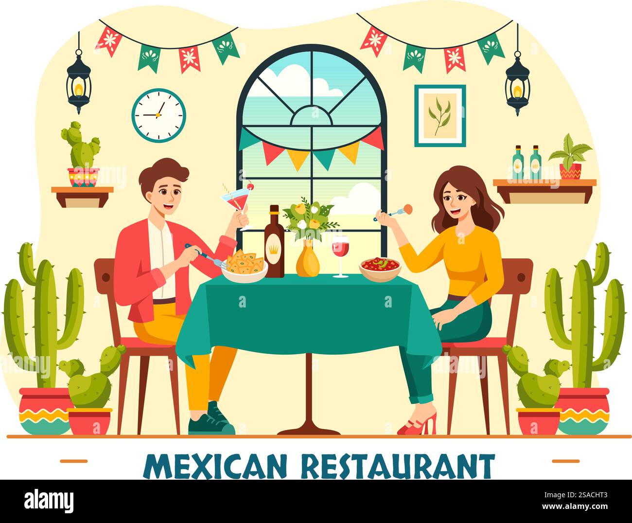 Mexican Food Restaurant Vector Illustration with Various of Delicious ...