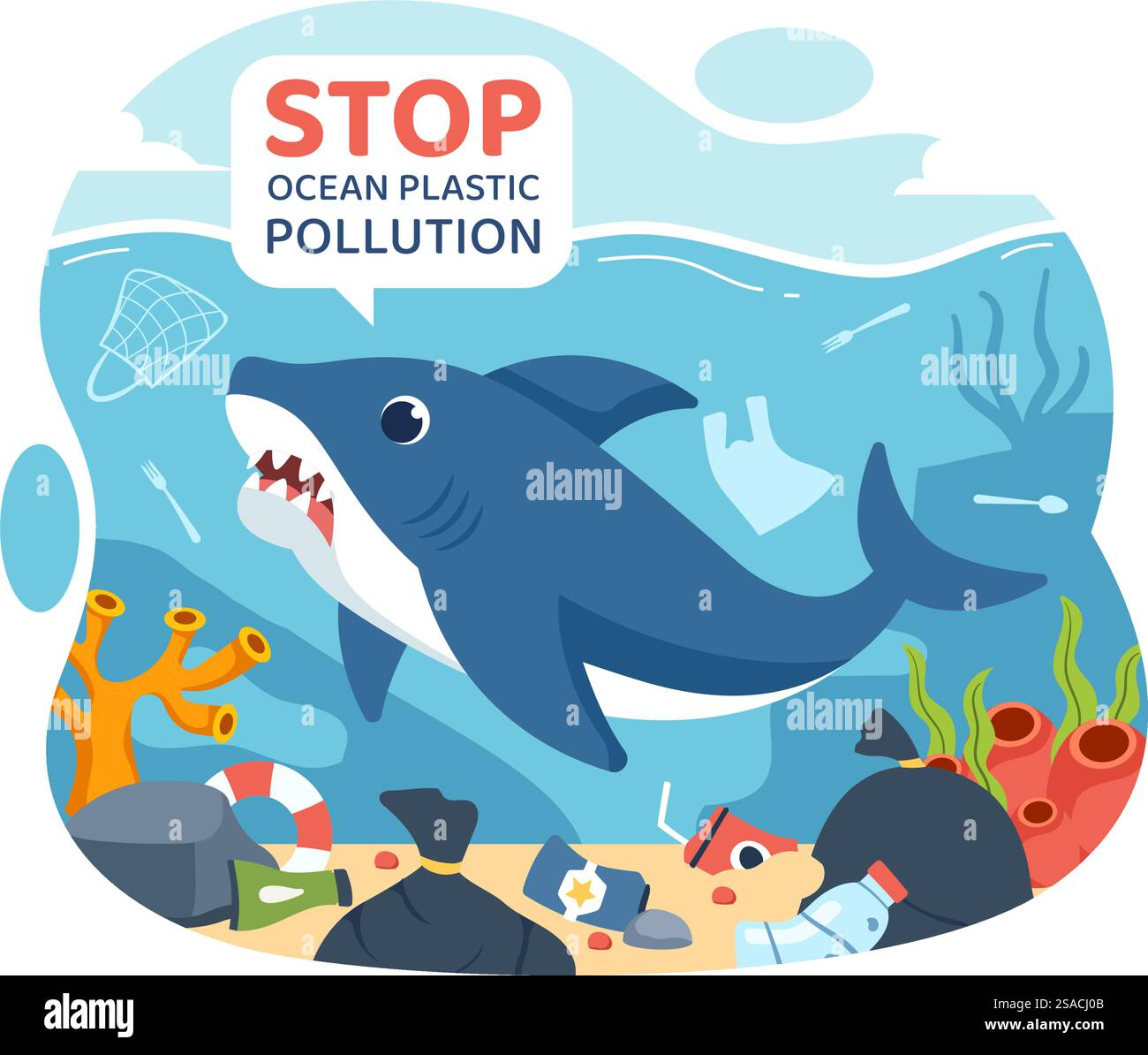 Stop Ocean Plastic Pollution Vector Illustration with Trash Under the Sea like a Waste Bags and ...