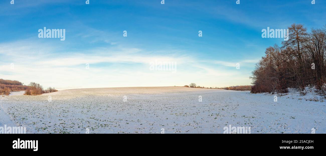Field covered in snow rises into distance against blue sky with clouds ...