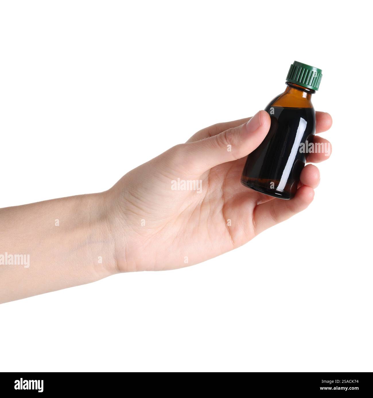 Woman with bottle of topical iodine on white background, closeup Stock ...