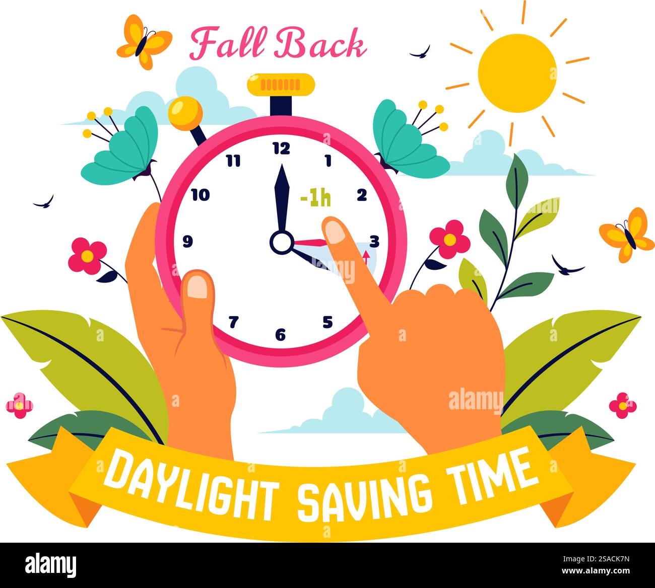 Daylight Saving Time Vector Illustration with Alarm Clock and Calendar Transitioning from Summer ...