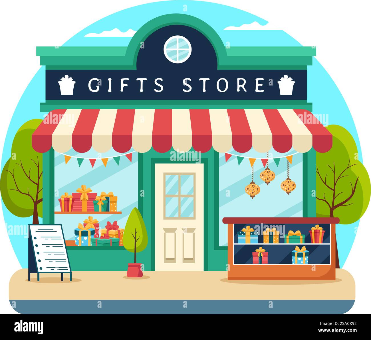 Gifts Store Vector Illustration of Wrapped Gift Box with Ribbon and ...